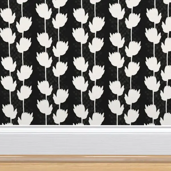 Spoonflower Protea Trails White Silhouettes On Black Medium 100% Natural Sisal Grasscloth Wallcovering - Black,white,gray