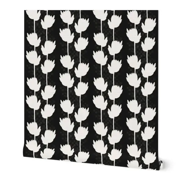 Spoonflower Protea Trails White Silhouettes On Black Medium 100% Natural Sisal Grasscloth Wallcovering - Black,white,gray