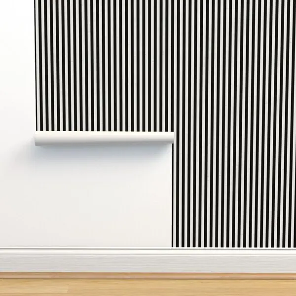 Spoonflower Black And White Thin Vertical Half Inch Picnic 100% Natural Sisal Grasscloth Wallcovering