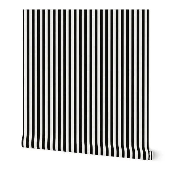 Spoonflower Black And White Thin Vertical Half Inch Picnic 100% Natural Sisal Grasscloth Wallcovering