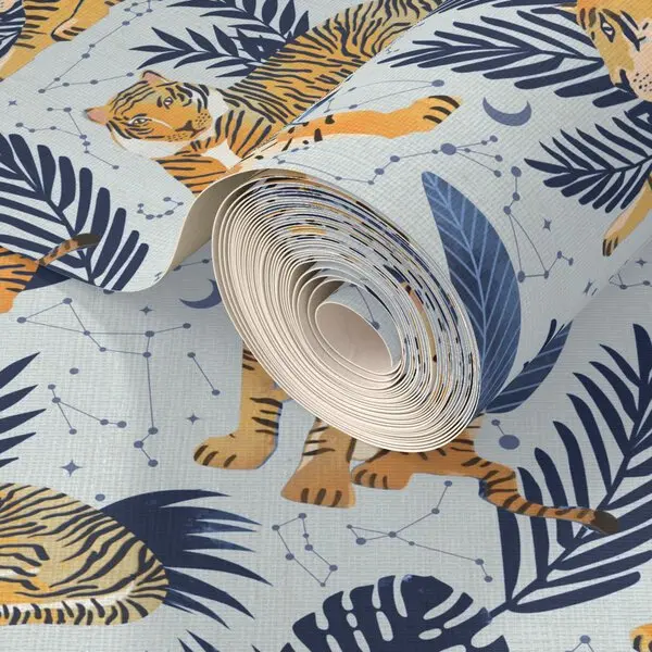 Spoonflower Tiger Constellations 100% Natural Sisal Grasscloth Wallcovering - Blue,brown