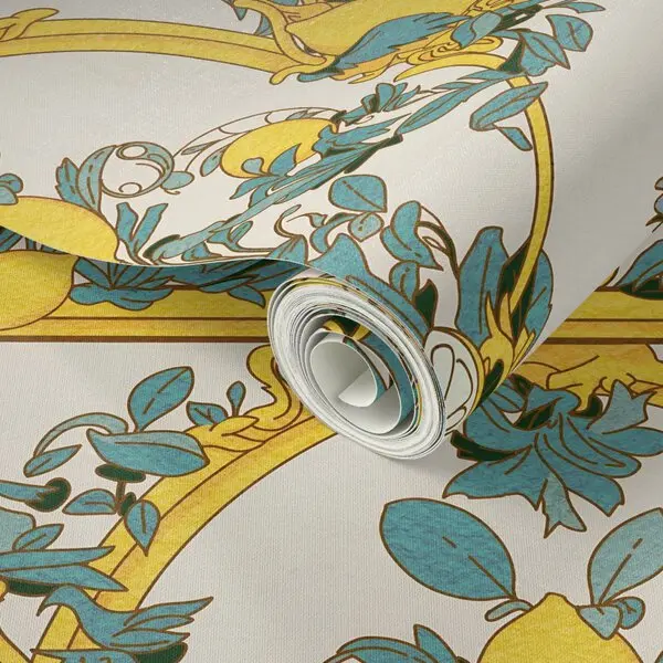 Spoonflower Floral Botanical Nature Fruit Citrus Spring Custom Pre-pasted Wallpaper - Yellow
