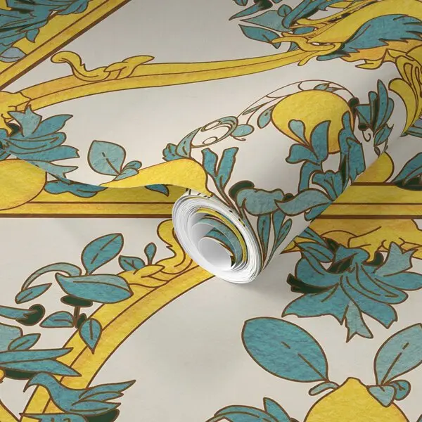 Spoonflower Floral Botanical Nature Fruit Citrus Spring Custom Pre-pasted Wallpaper - Yellow