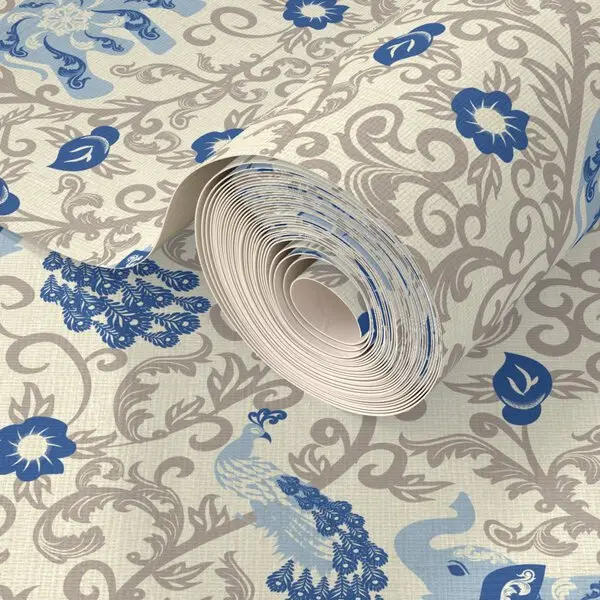 Spoonflower Elephant And Peacock Rococo Silver Filigree With 100% Natural Sisal Grasscloth Wallcovering - Gray,blue