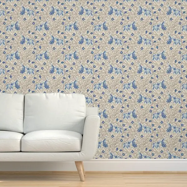 Spoonflower Elephant And Peacock Rococo Silver Filigree With 100% Natural Sisal Grasscloth Wallcovering - Gray,blue