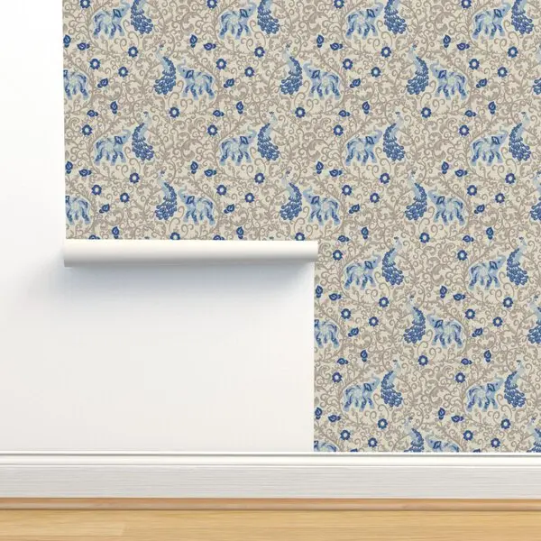 Spoonflower Elephant And Peacock Rococo Silver Filigree With 100% Natural Sisal Grasscloth Wallcovering - Gray,blue