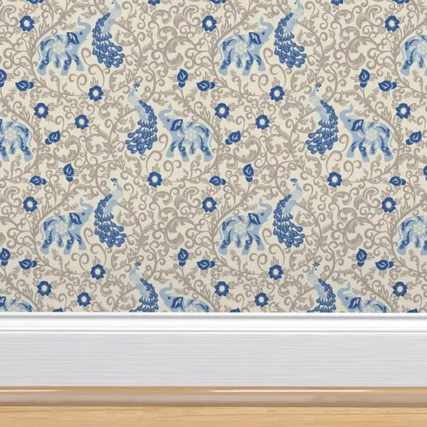 Spoonflower Elephant And Peacock Rococo Silver Filigree With 100% Natural Sisal Grasscloth Wallcovering - Gray,blue