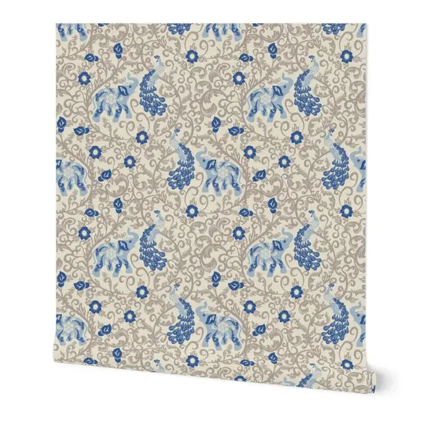 Spoonflower Elephant And Peacock Rococo Silver Filigree With 100% Natural Sisal Grasscloth Wallcovering - Gray,blue