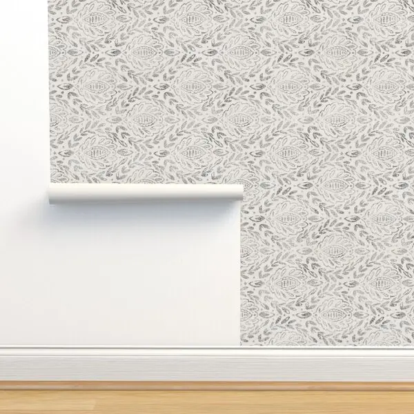 Spoonflower Distressed Grey Damask Leaves 100% Natural Sisal Grasscloth Wallcovering