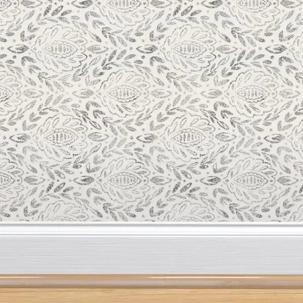 Spoonflower Distressed Grey Damask Leaves 100% Natural Sisal Grasscloth Wallcovering