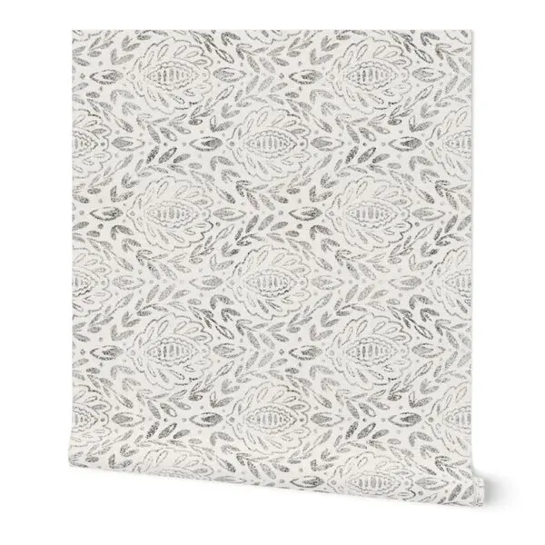 Spoonflower Distressed Grey Damask Leaves 100% Natural Sisal Grasscloth Wallcovering