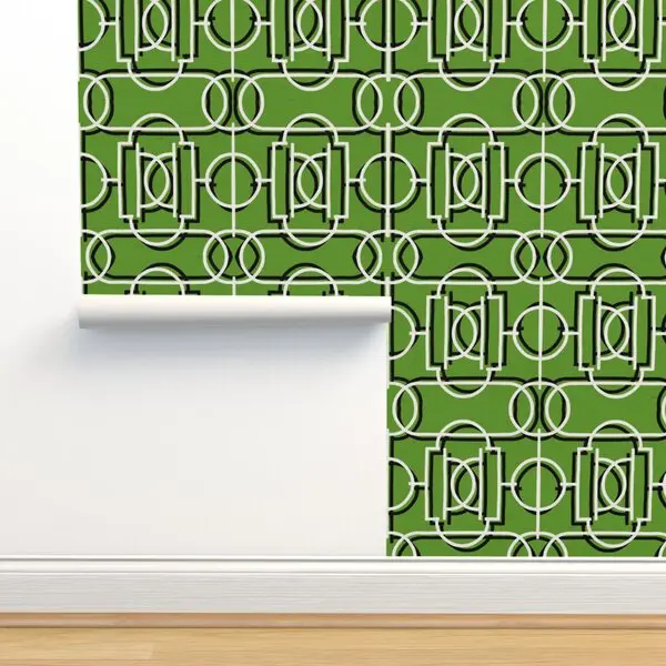 Spoonflower Trellis Room In Kelly 100% Natural Sisal Grasscloth Wallcovering - Green,black