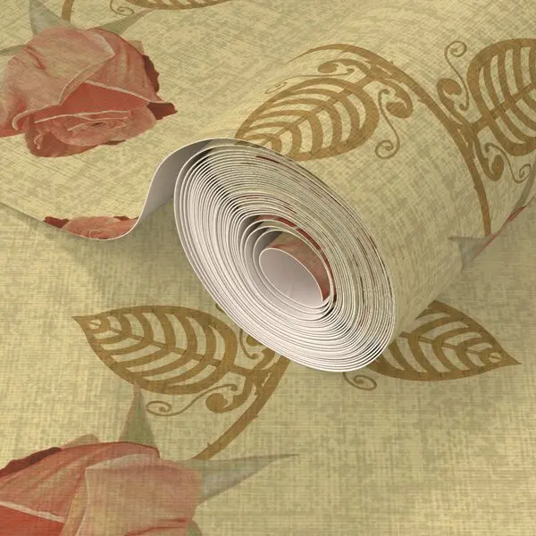 Spoonflower Nouveau Steampunk Rose On Yellow Cream 5 With 100% Natural Sisal Grasscloth Wallcovering - Brown,green