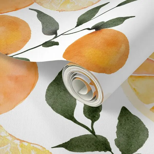 Spoonflower Watercolor Fruit Summer Orange Citrus Modern Custom Pre-pasted Wallpaper - Pink,orange
