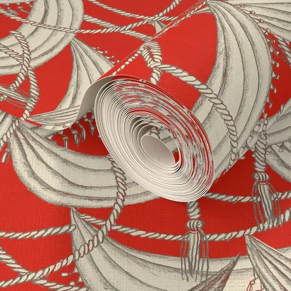 Spoonflower Swoosh In Poppy 100% Natural Sisal Grasscloth Wallcovering - Gray,brown