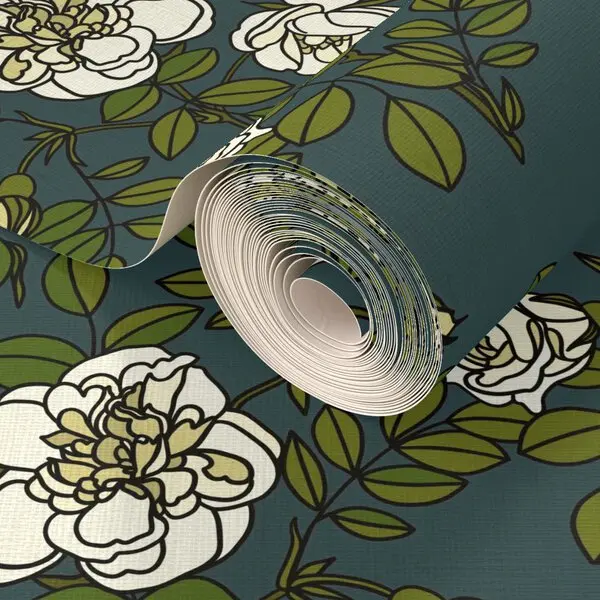 Spoonflower Climbing Roses On Navy Blue Small 100% Natural Sisal Grasscloth Wallcovering - Green,gray