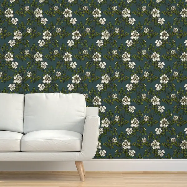 Spoonflower Climbing Roses On Navy Blue Small 100% Natural Sisal Grasscloth Wallcovering - Green,gray