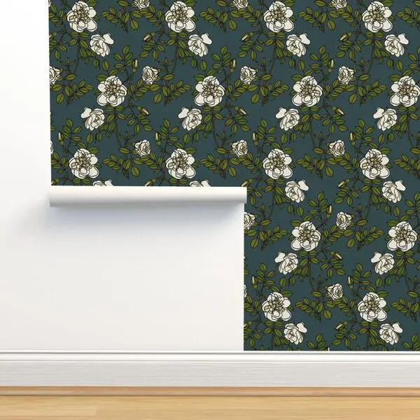 Spoonflower Climbing Roses On Navy Blue Small 100% Natural Sisal Grasscloth Wallcovering - Green,gray
