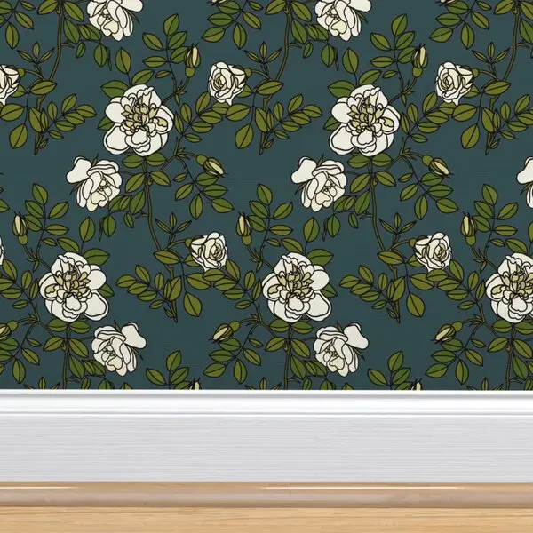 Spoonflower Climbing Roses On Navy Blue Small 100% Natural Sisal Grasscloth Wallcovering - Green,gray