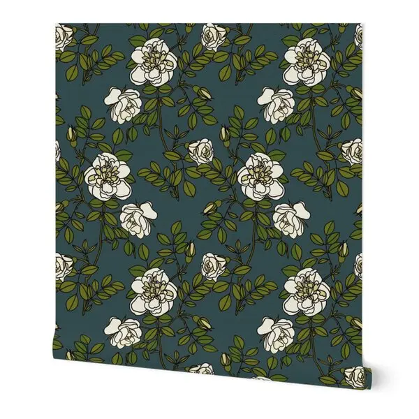 Spoonflower Climbing Roses On Navy Blue Small 100% Natural Sisal Grasscloth Wallcovering - Green,gray