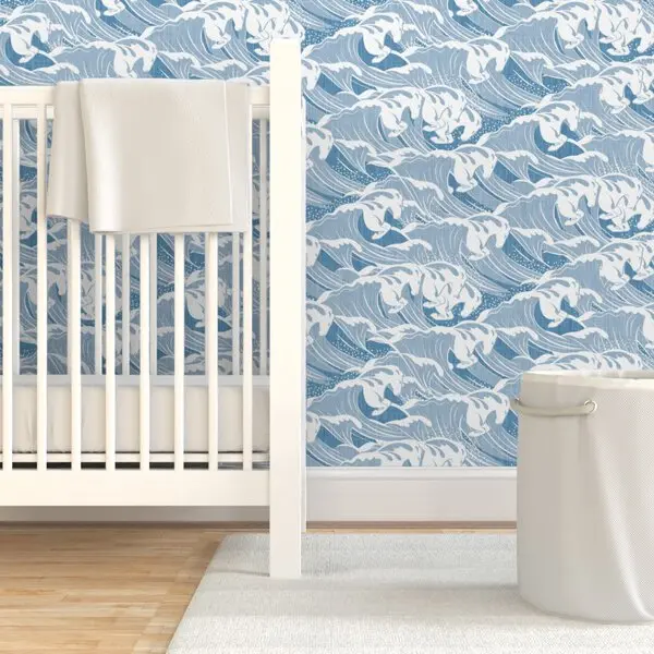 Spoonflower Nautical Waves Sea Horses Coastal Blue White Ocean Custom Pre-pasted Wallpaper - Blue,white