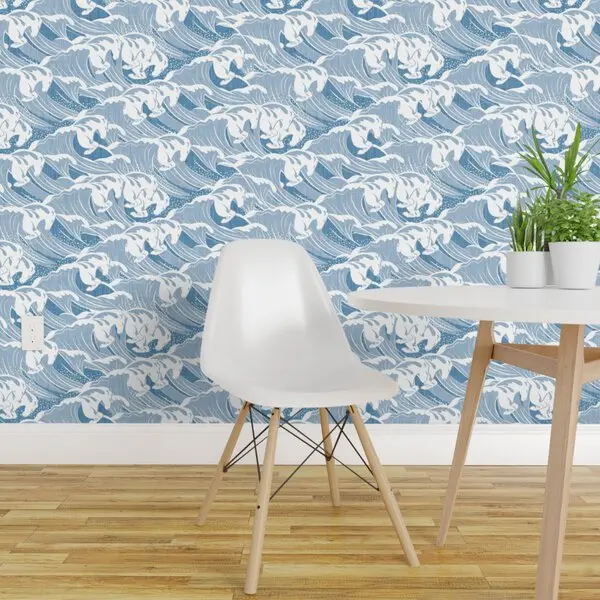 Spoonflower Nautical Waves Sea Horses Coastal Blue White Ocean Custom Pre-pasted Wallpaper - Blue,white