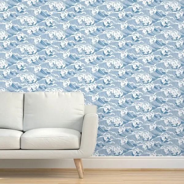 Spoonflower Nautical Waves Sea Horses Coastal Blue White Ocean Custom Pre-pasted Wallpaper - Blue,white