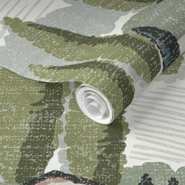 Spoonflower Italian Country Trees Landscape House Farm Custom Pre-pasted Wallpaper - Green