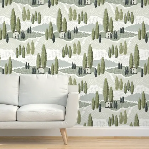Spoonflower Italian Country Trees Landscape House Farm Custom Pre-pasted Wallpaper - Green