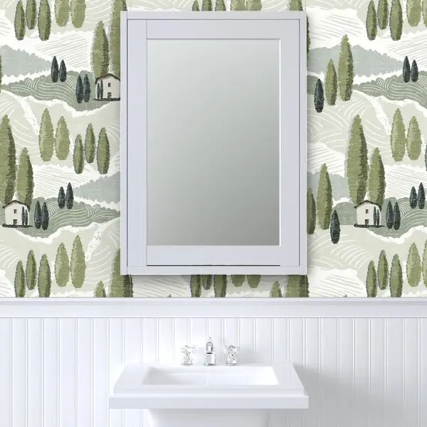 Spoonflower Italian Country Trees Landscape House Farm Custom Pre-pasted Wallpaper - Green