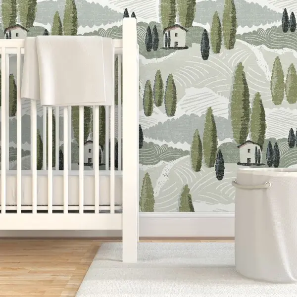 Spoonflower Italian Country Trees Landscape House Farm Custom Pre-pasted Wallpaper - Green
