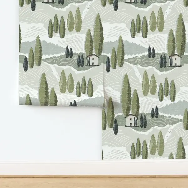 Spoonflower Italian Country Trees Landscape House Farm Custom Pre-pasted Wallpaper - Green