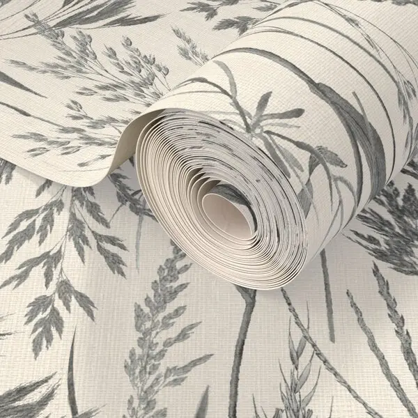 Spoonflower Large Grasses Monochrome On Cream 100% Natural Sisal Grasscloth Wallcovering - Gray