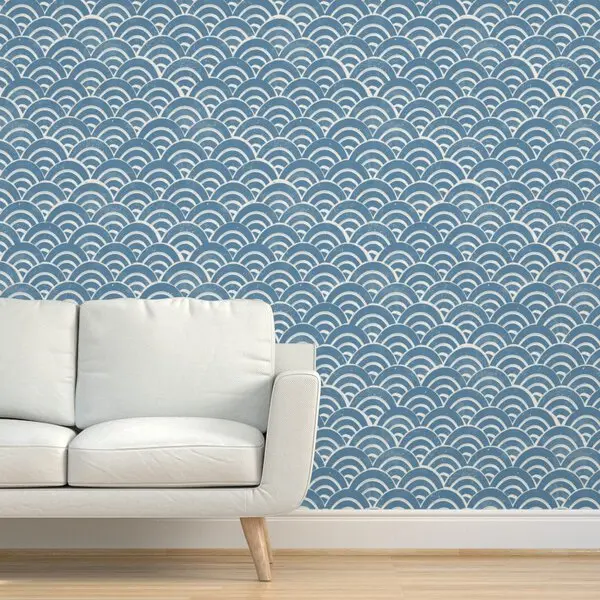 Spoonflower Large Japanese Waves Pattern Seigaha Wave Ocean 100% Natural Sisal Grasscloth Wallcovering