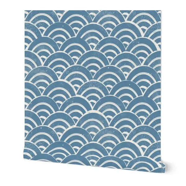 Spoonflower Large Japanese Waves Pattern Seigaha Wave Ocean 100% Natural Sisal Grasscloth Wallcovering