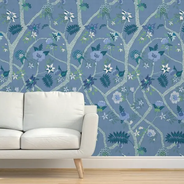 Spoonflower Branch Blue Greens 100% Natural Sisal Grasscloth Wallcovering