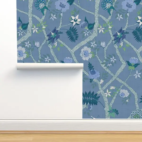 Spoonflower Branch Blue Greens 100% Natural Sisal Grasscloth Wallcovering