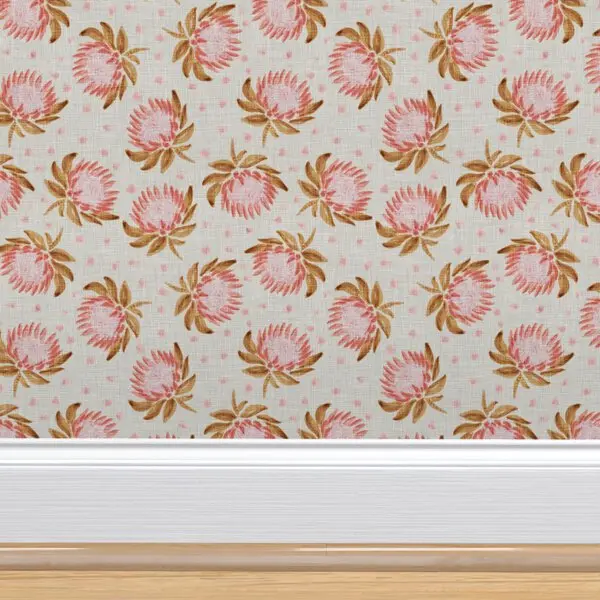 Spoonflower African King Proteas V1 Silver 100% Natural Sisal Grasscloth Wallcovering