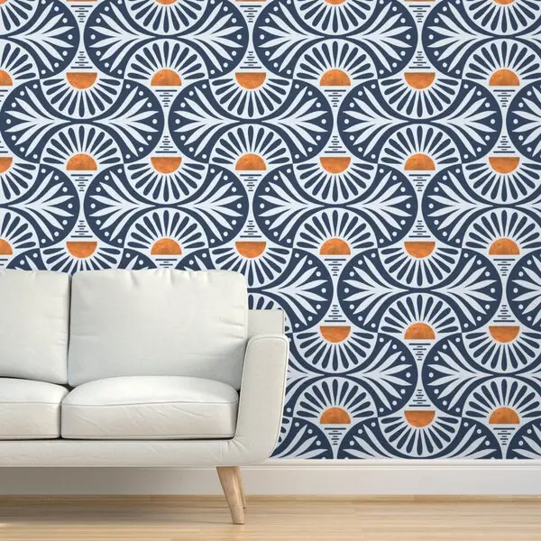 Spoonflower Bold Abstract Dark Orange Leaves Botanical Custom Pre-pasted Wallpaper - Blue