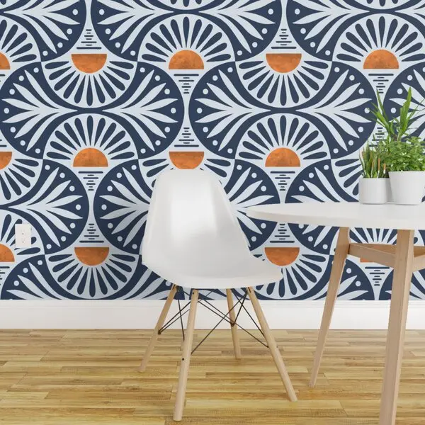 Spoonflower Bold Abstract Dark Orange Leaves Botanical Custom Pre-pasted Wallpaper - Blue