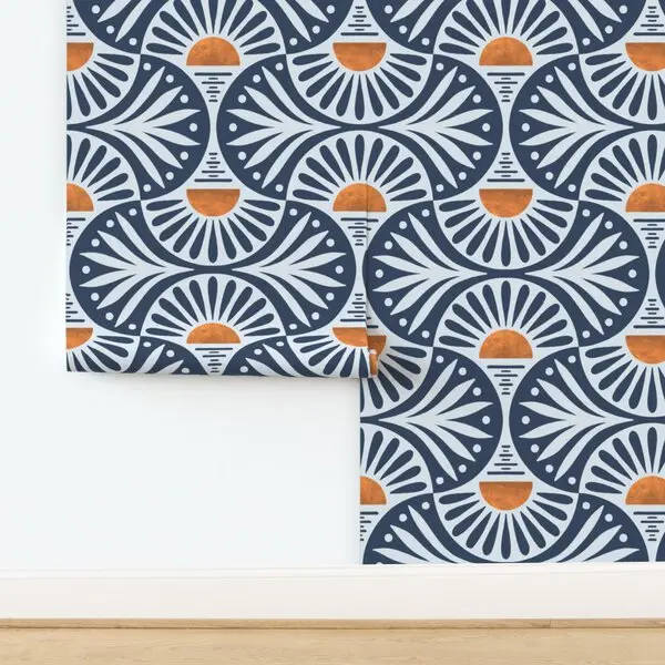 Spoonflower Bold Abstract Dark Orange Leaves Botanical Custom Pre-pasted Wallpaper - Blue