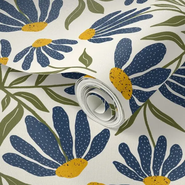 Spoonflower Echinacea Botanical Tile Wildflower Yellow Custom Pre-pasted Wallpaper