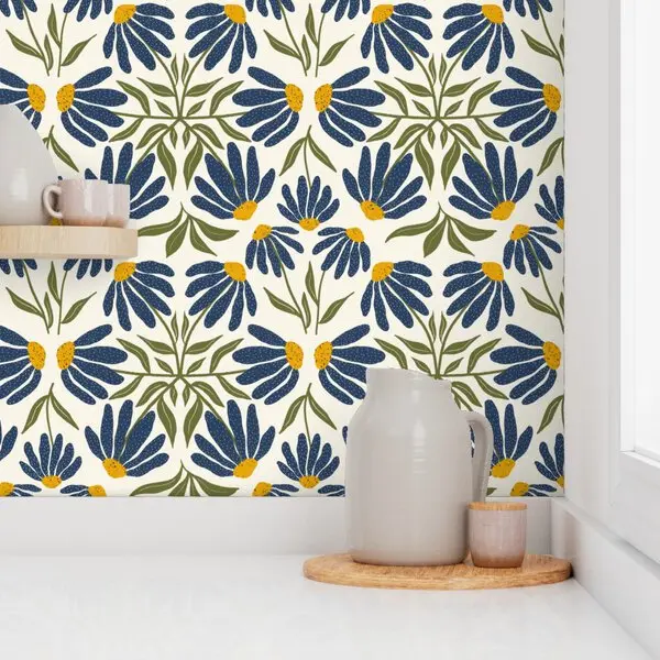 Spoonflower Echinacea Botanical Tile Wildflower Yellow Custom Pre-pasted Wallpaper