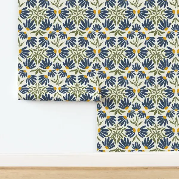 Spoonflower Echinacea Botanical Tile Wildflower Yellow Custom Pre-pasted Wallpaper