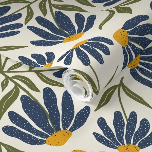 Spoonflower Echinacea Botanical Tile Wildflower Yellow Custom Pre-pasted Wallpaper - Blue