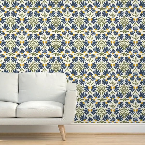 Spoonflower Echinacea Botanical Tile Wildflower Yellow Custom Pre-pasted Wallpaper - Blue