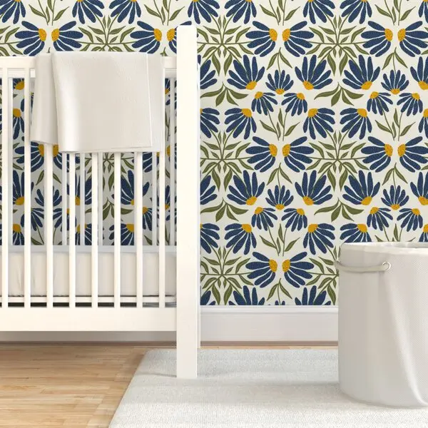 Spoonflower Echinacea Botanical Tile Wildflower Yellow Custom Pre-pasted Wallpaper - Blue