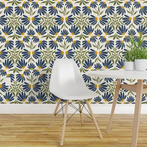 Spoonflower Echinacea Botanical Tile Wildflower Yellow Custom Pre-pasted Wallpaper - Blue