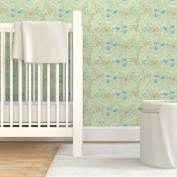 Spoonflower William Morris Floral Botanical Mid Century Custom Pre-pasted Wallpaper - Green