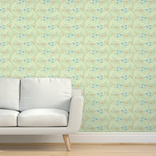 Spoonflower William Morris Floral Botanical Mid Century Custom Pre-pasted Wallpaper - Green